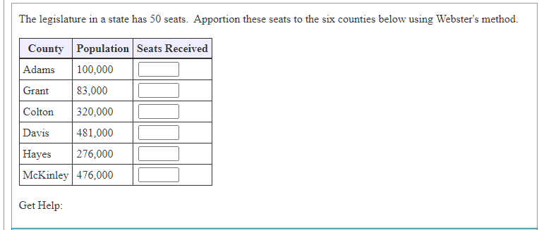 Solved The legislature in a state has 50 seats. Apportion | Chegg.com