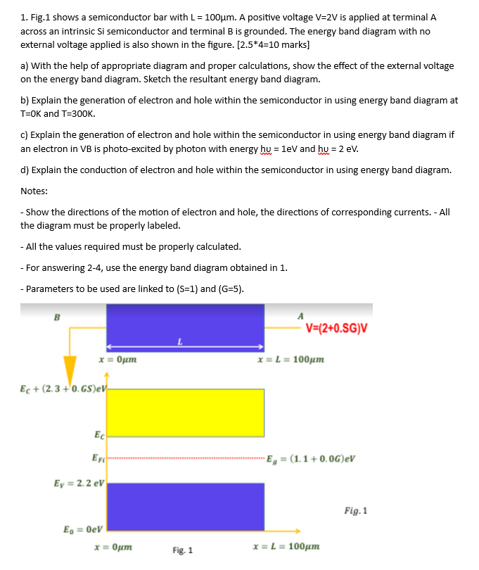 Solved 1. Fig.1 shows a semiconductor bar with L=100μm. A | Chegg.com