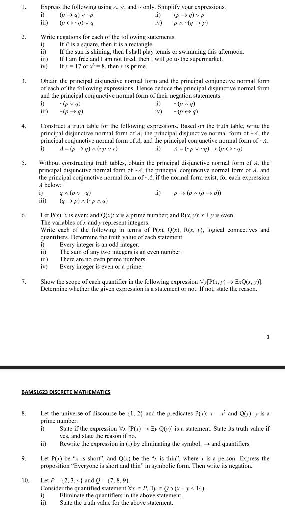 Solved 1. Express the following using ∧,∨, and ∼ only. | Chegg.com