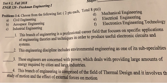 Solved Test # 2, Fall 2018 ENGR 120- Freshman Engineering I | Chegg.com