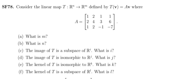 Solved SF78. Consider the linear map T : Rn → Rm defined by | Chegg.com