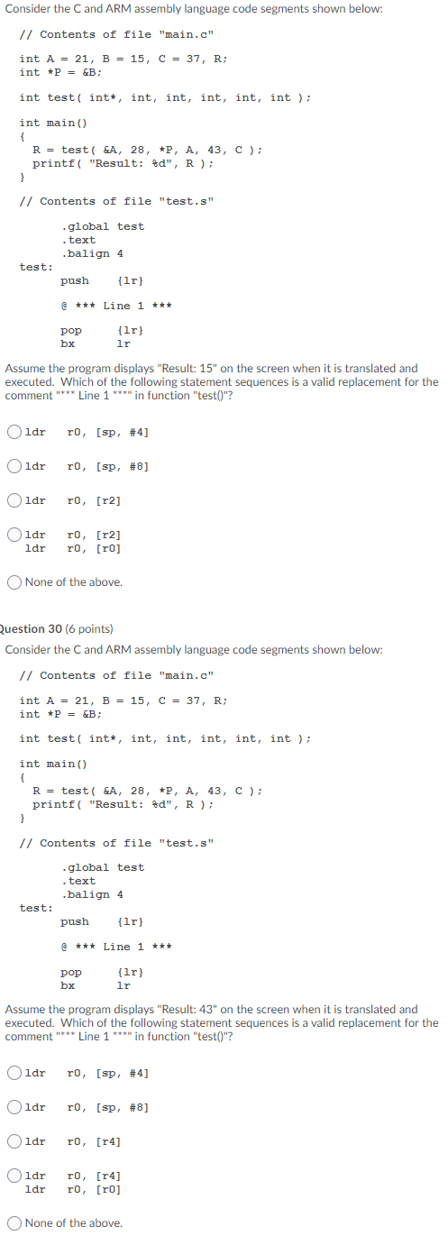 Solved Consider the C and ARM assembly language code | Chegg.com