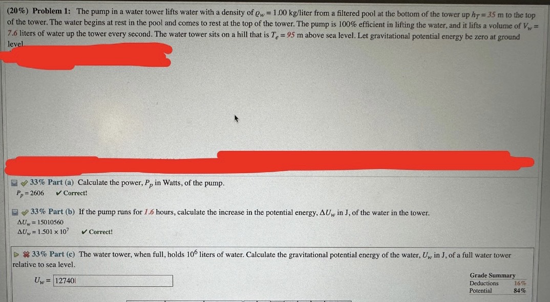 Solved (20\%) Problem 1: The pump in a water tower lifts | Chegg.com