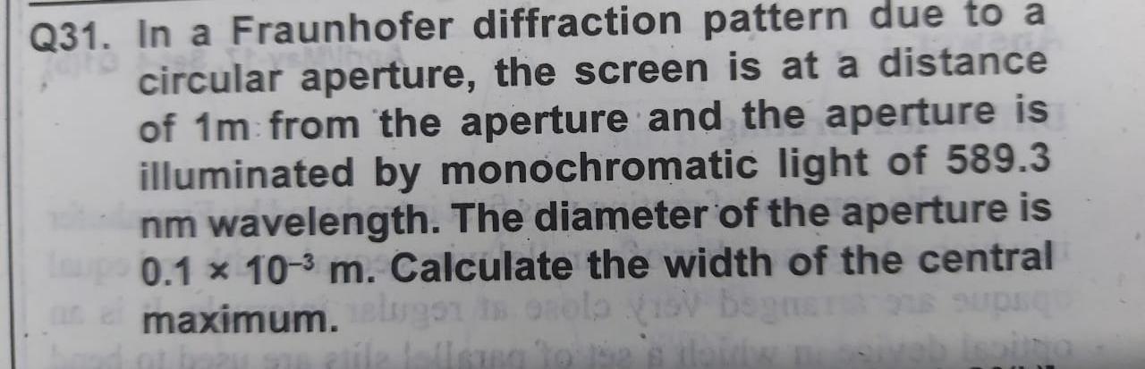 Solved Q31. In a Fraunhofer diffraction pattern due to a | Chegg.com