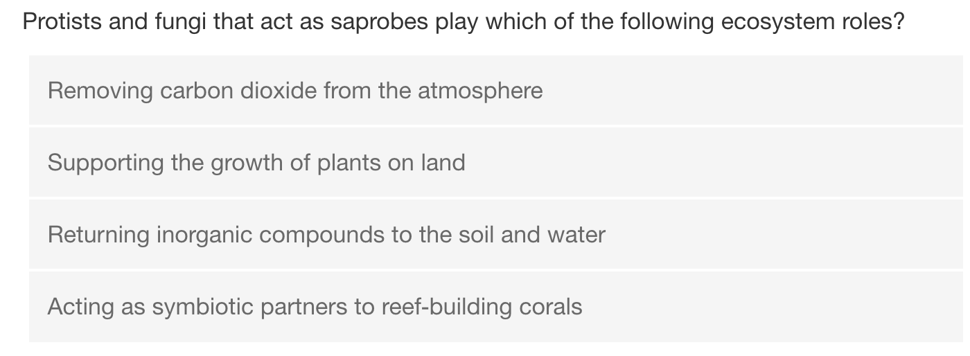 Solved Protists and fungi that act as saprobes play which of | Chegg.com