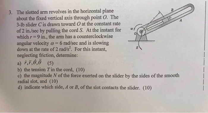 Solved The slotted arm revolves in the horizontal plane | Chegg.com