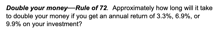 Solved Double your money-Rule of 72. Approximately how long | Chegg.com