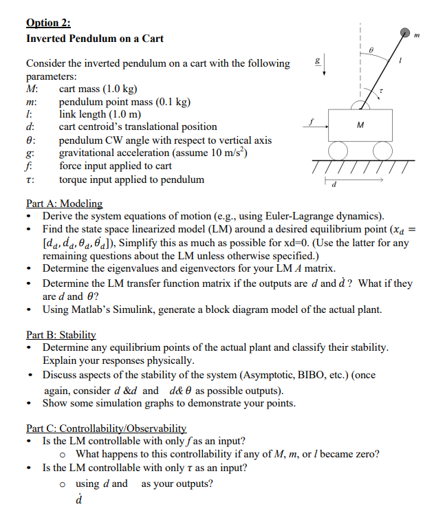Solved Option 2: Inverted Pendulum on a Cart Consider the | Chegg.com