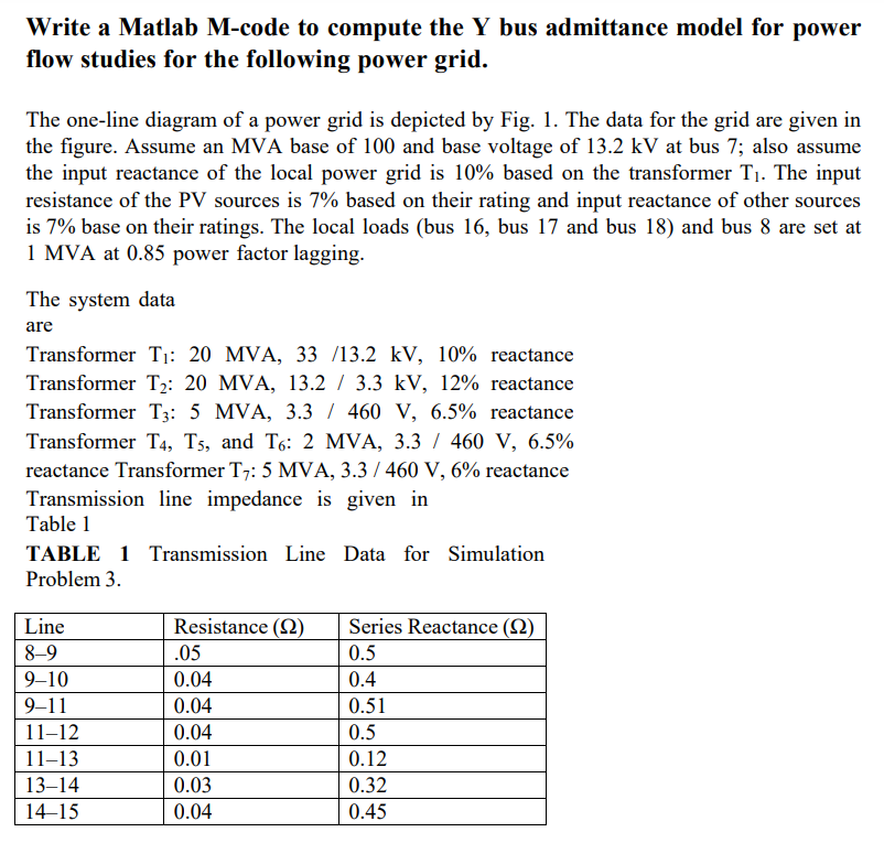 Solved Write a Matlab M-code to compute the Y bus admittance | Chegg.com