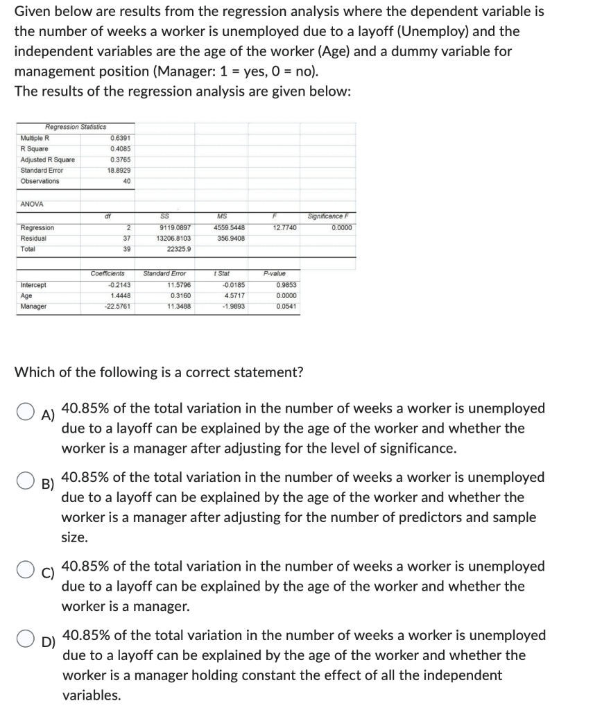 Solved Given below are results from the regression analysis | Chegg.com