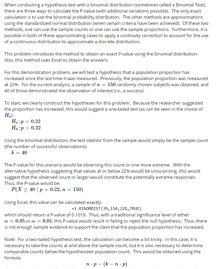 Solved When conducting a hypothesis test with a binomial | Chegg.com
