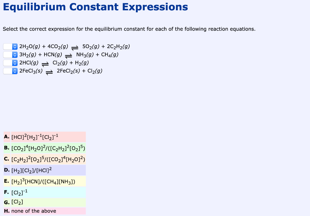 Solved Equilibrium Constant Expressions Select the correct | Chegg.com