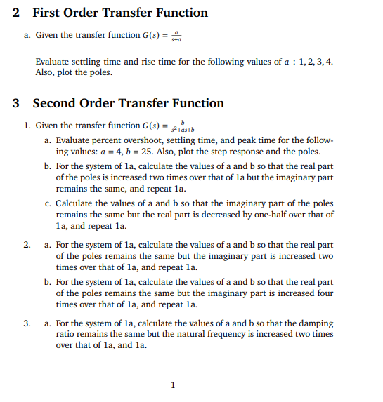 2 First Order Transfer Function a. Given the transfer | Chegg.com