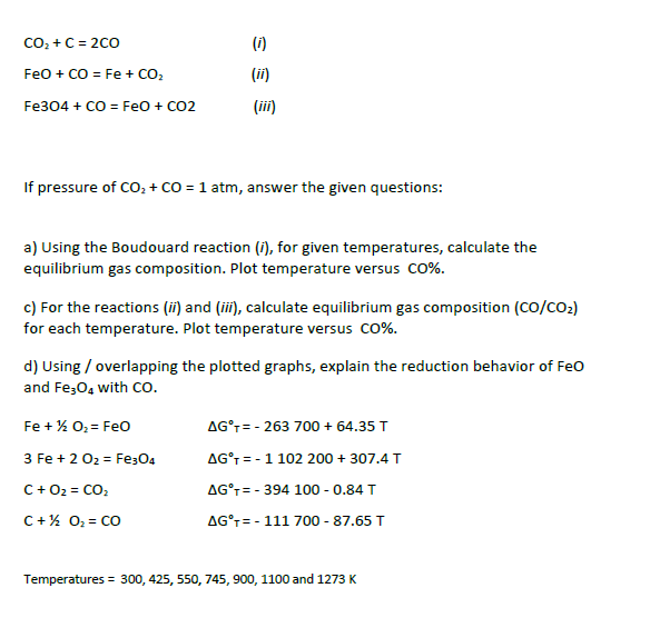 Solved CO2 + C = 2CO (i) (ii) FeO + CO = Fe + CO2 Fe304 + CO | Chegg.com