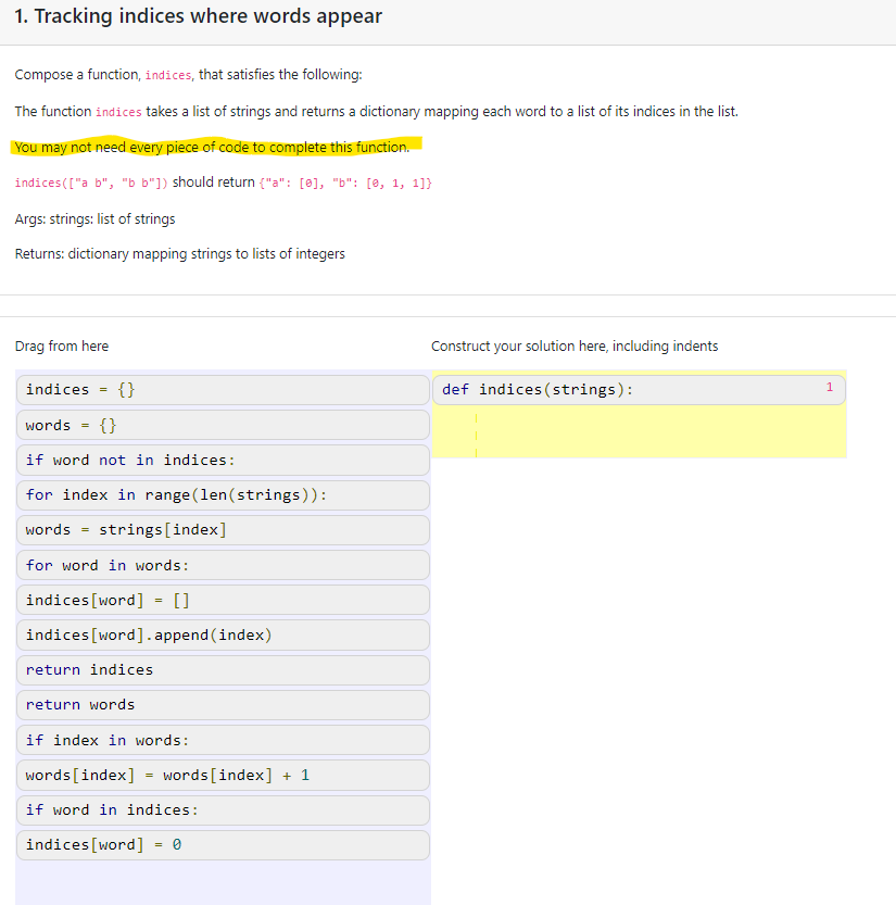 Solved 1. Tracking indices where words appear Compose a | Chegg.com