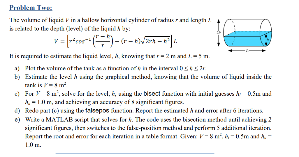 Problem Two: The volume of liquid V in a hallow | Chegg.com