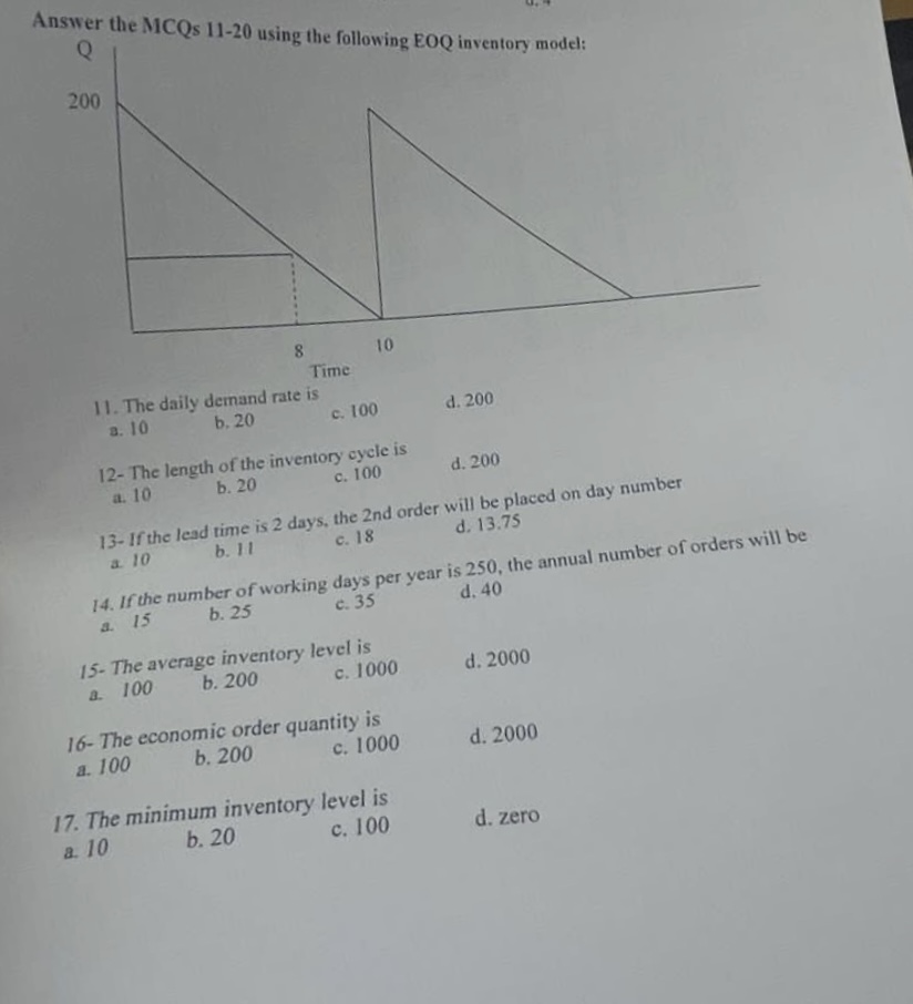 Solved Answer the MCQs 11-20 ﻿using the following EOQ | Chegg.com