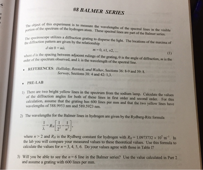 Solved 6 #8 BALMER SERIES he obiect of this experiment is to | Chegg.com