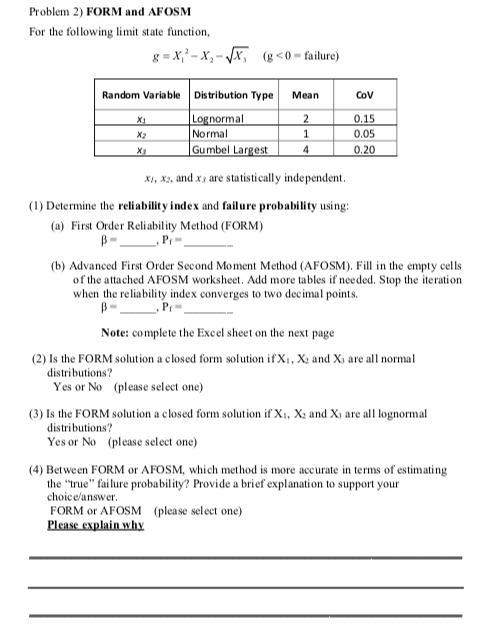 Solved Problem 2) FORM and AFOSM For the following limit | Chegg.com