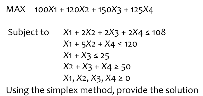 Solved MAX 100X1 + 120X2 + 150X3 + 125X4 Subject to X1 + 2X2 | Chegg.com