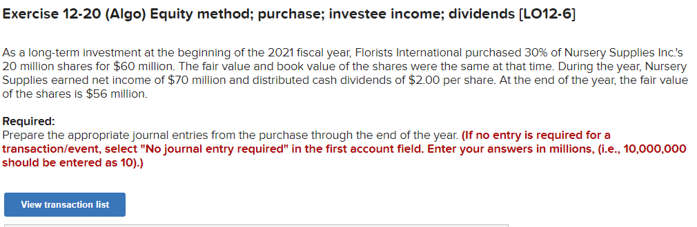 Solved Exercise 12-20 (Algo) Equity method; purchase; | Chegg.com