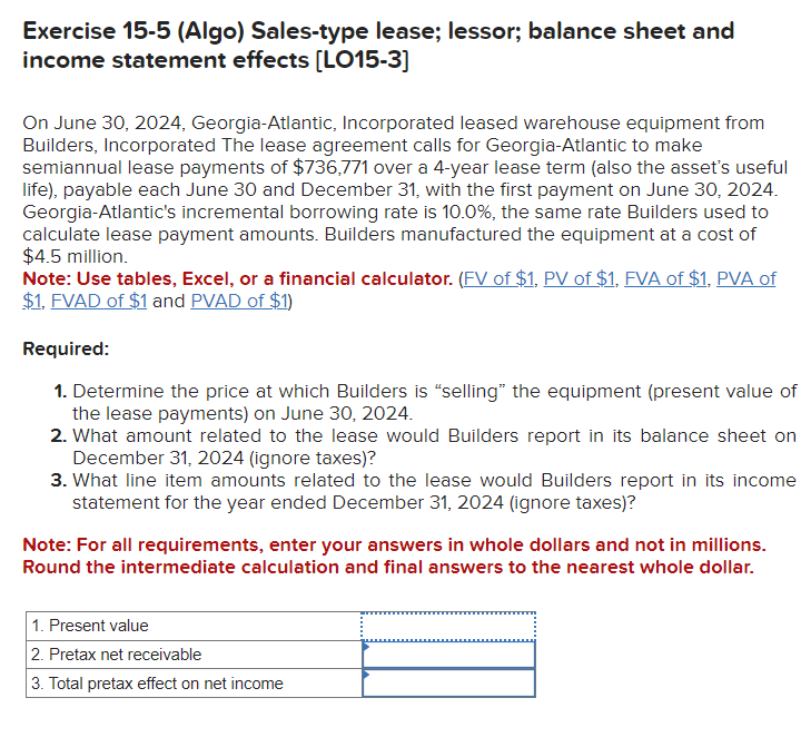 Solved Exercise 15-5 (Algo) ﻿Sales-type lease; lessor; | Chegg.com