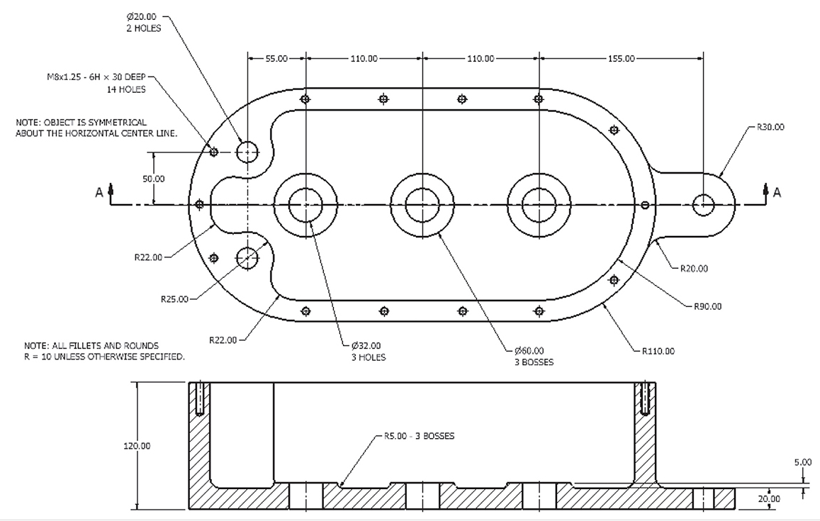 Solved Ø20.00 2 HOLES M8x1.25 6H x 30 DEEP 14 HOLES NOTE: | Chegg.com