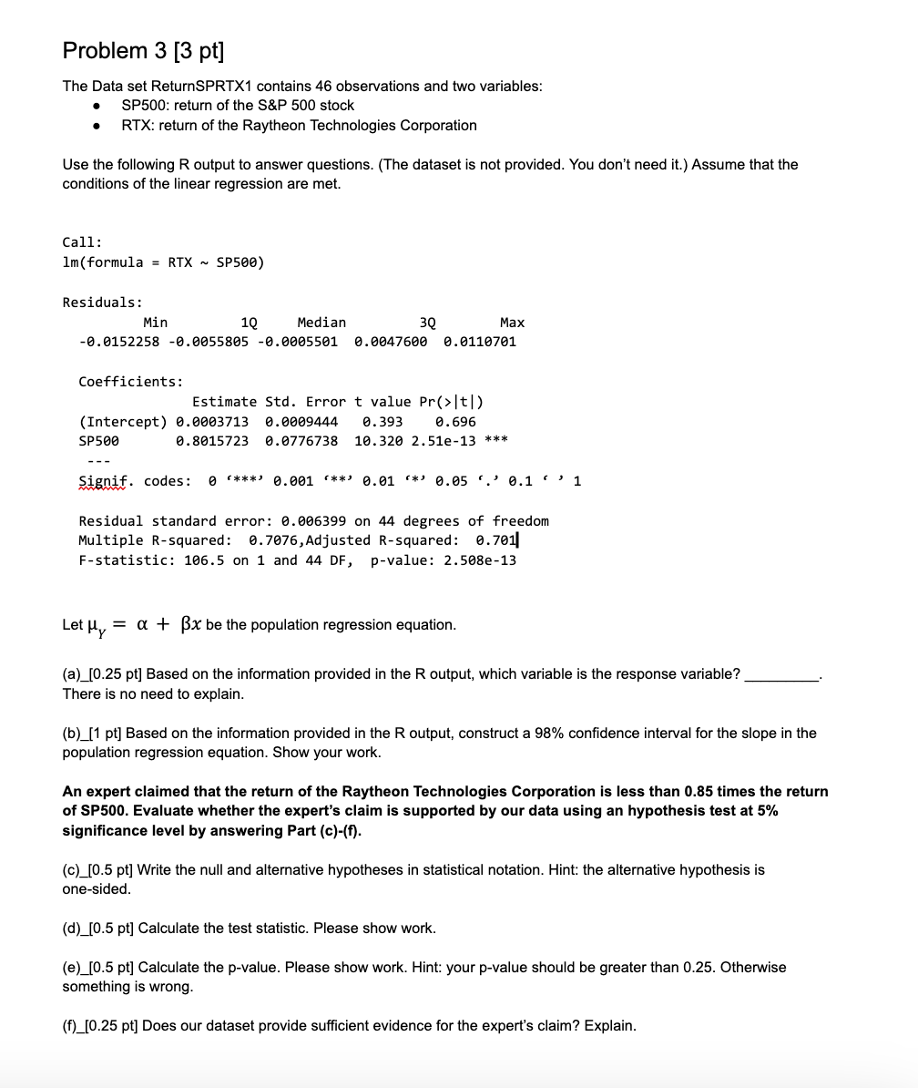 Solved Problem 3 [3 pt] The Data set ReturnSPRTX1 contains | Chegg.com