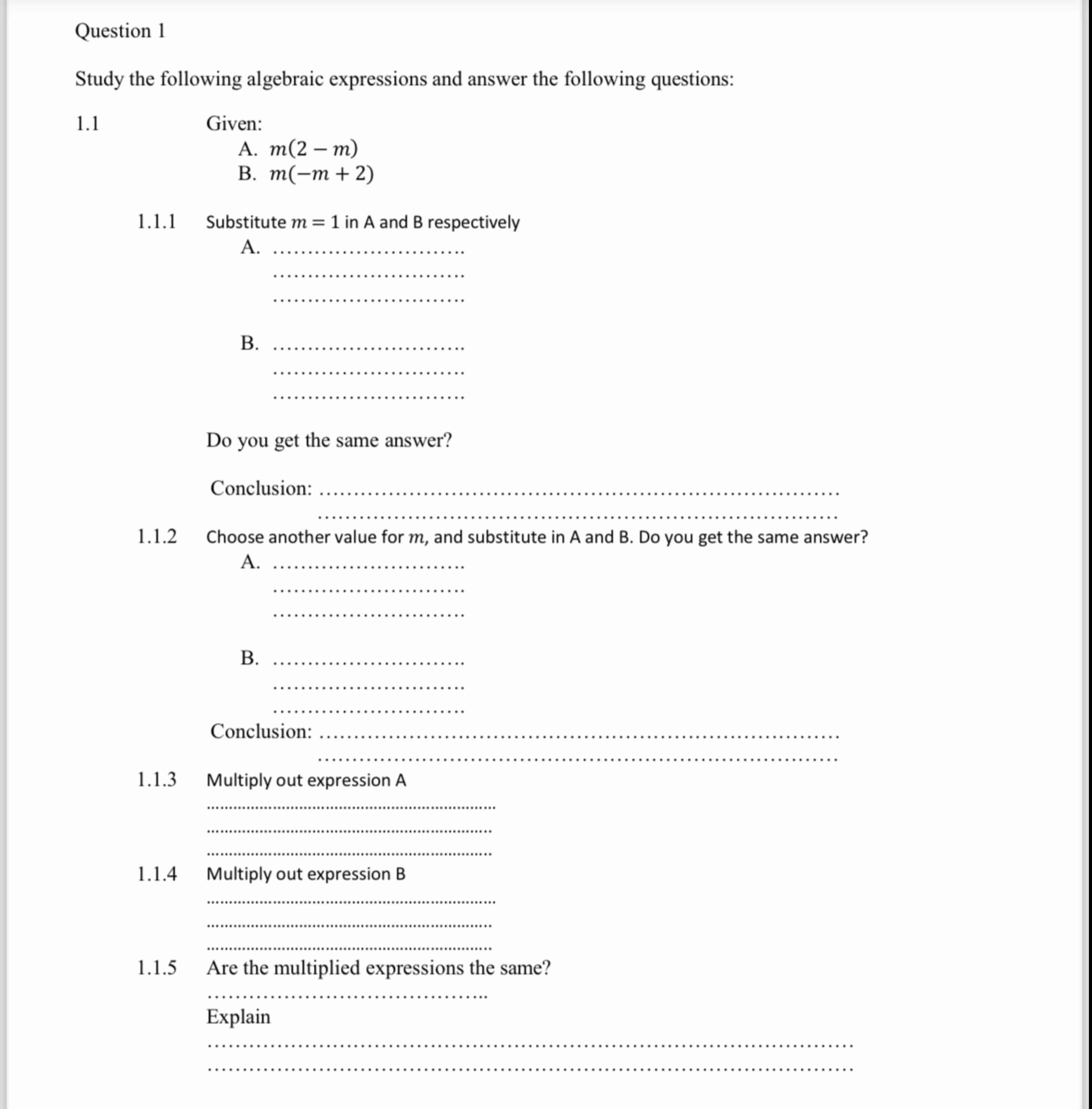 Solved Question 1 ﻿Study the following algebraic expressions | Chegg.com