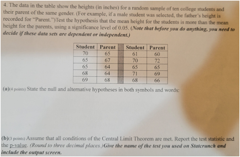 Solved 4. The data in the table show the heights (in inches) | Chegg.com