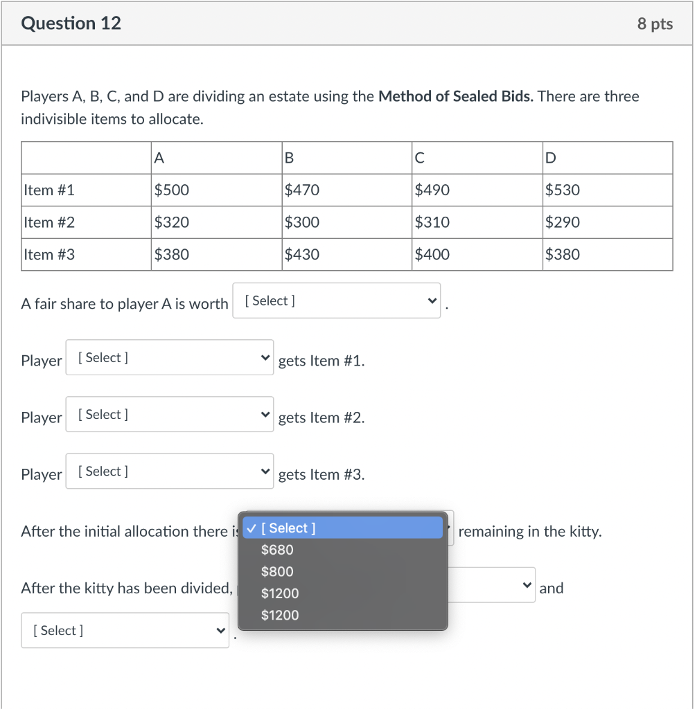 Solved Question 12 8 pts Players A, B, C, and D are dividing | Chegg.com
