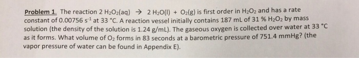 Solved Problem 1. The reaction 2 H2O2(aq) → 2 H2O(l) + O2(g) | Chegg.com