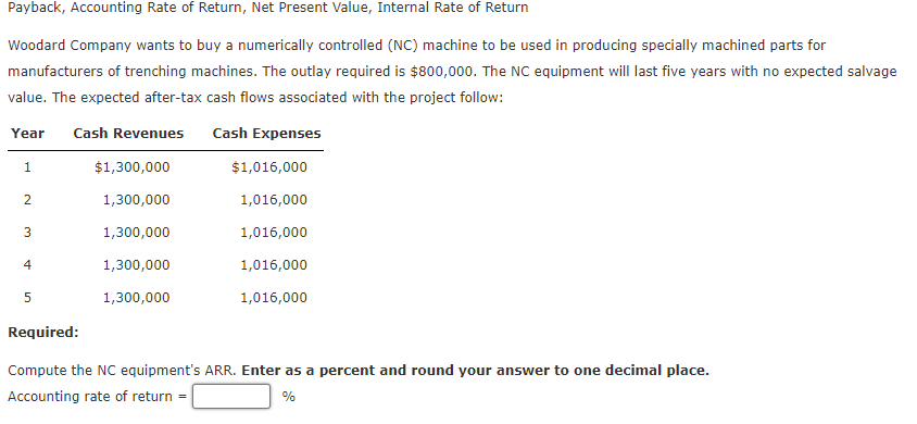 Payback, Accounting Rate of Return, Net Present | Chegg.com