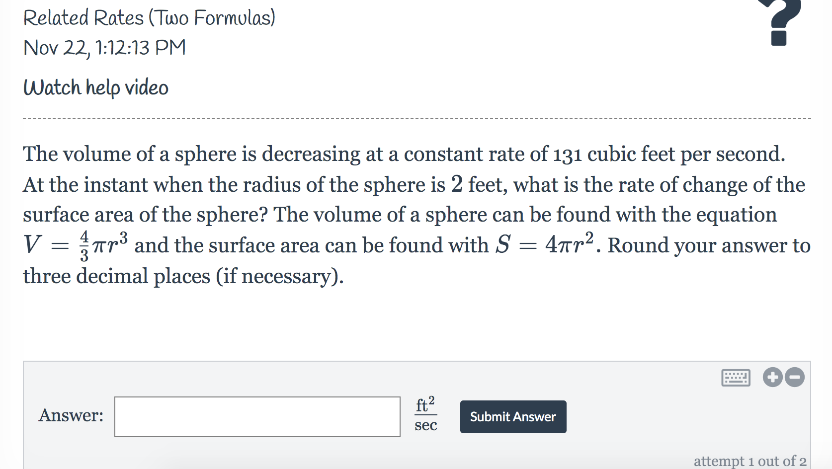 Solved Related Rates (Two Formulas) Nov 22, 1:12:13 PM Watch | Chegg.com