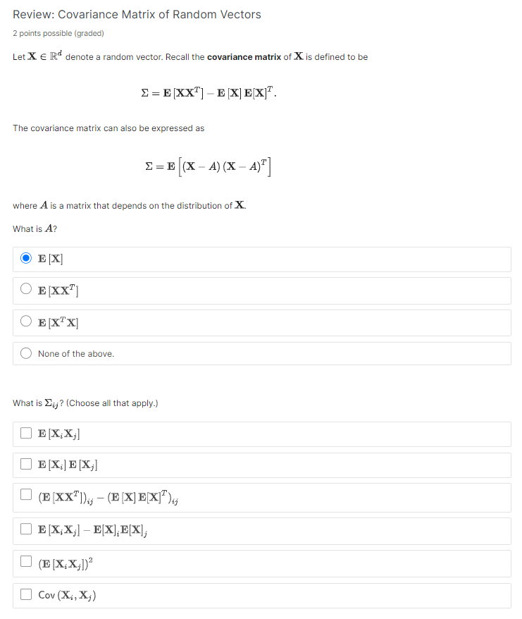 Solved Review Covariance Matrix Of Random Vectors 2 Points