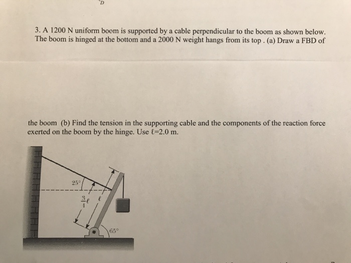 Solved 3. A 1200 N uniform boom is supported by a cable | Chegg.com