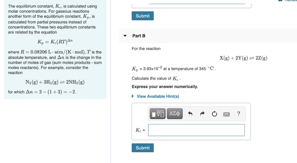 Solved Part A The equilibrium constant, Kc, is calculated | Chegg.com