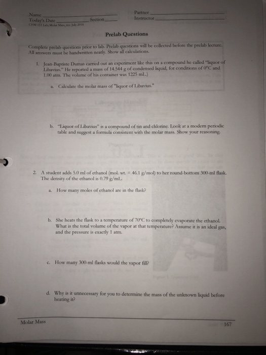 Solved Name Today's Date Partner Instructor Section_ Prelab | Chegg.com