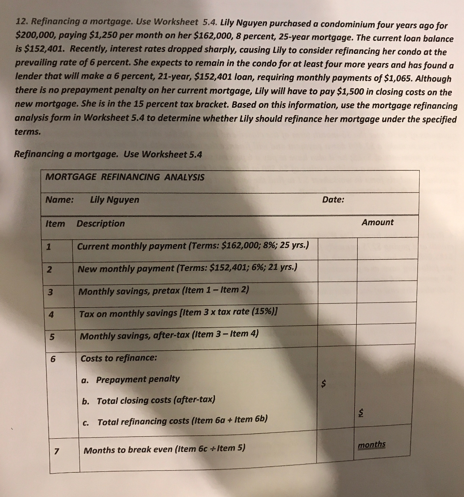 Solved 12. Refinancing a mortgage. Use Worksheet 5.4. Lily | Chegg.com