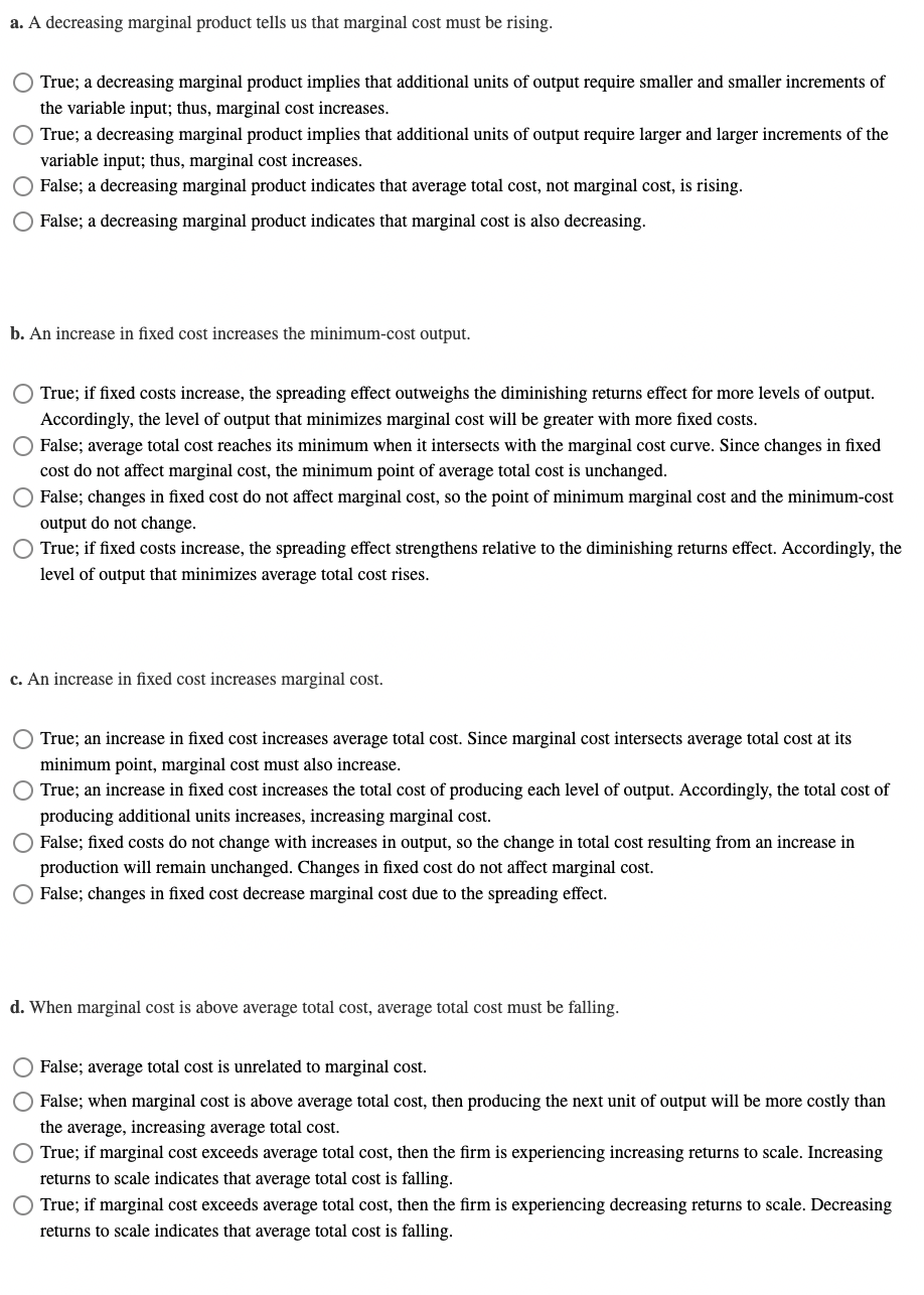 Solved a. A decreasing marginal product tells us that | Chegg.com