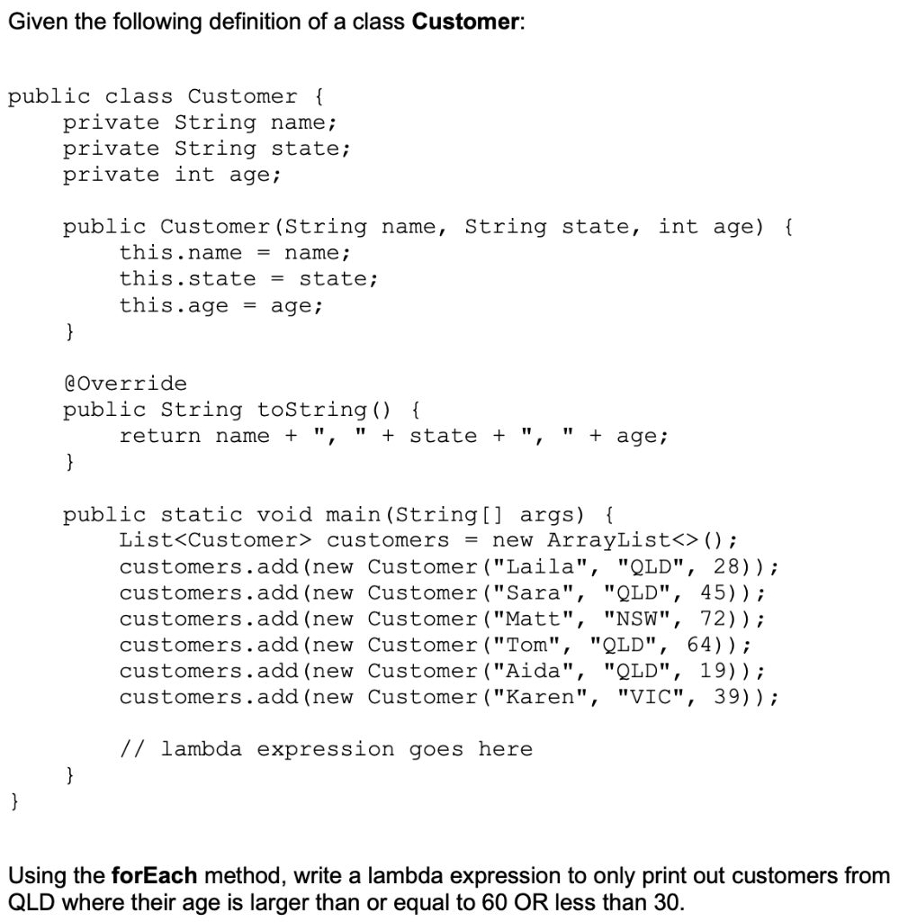 Solved Given the following definition of a class Customer: | Chegg.com