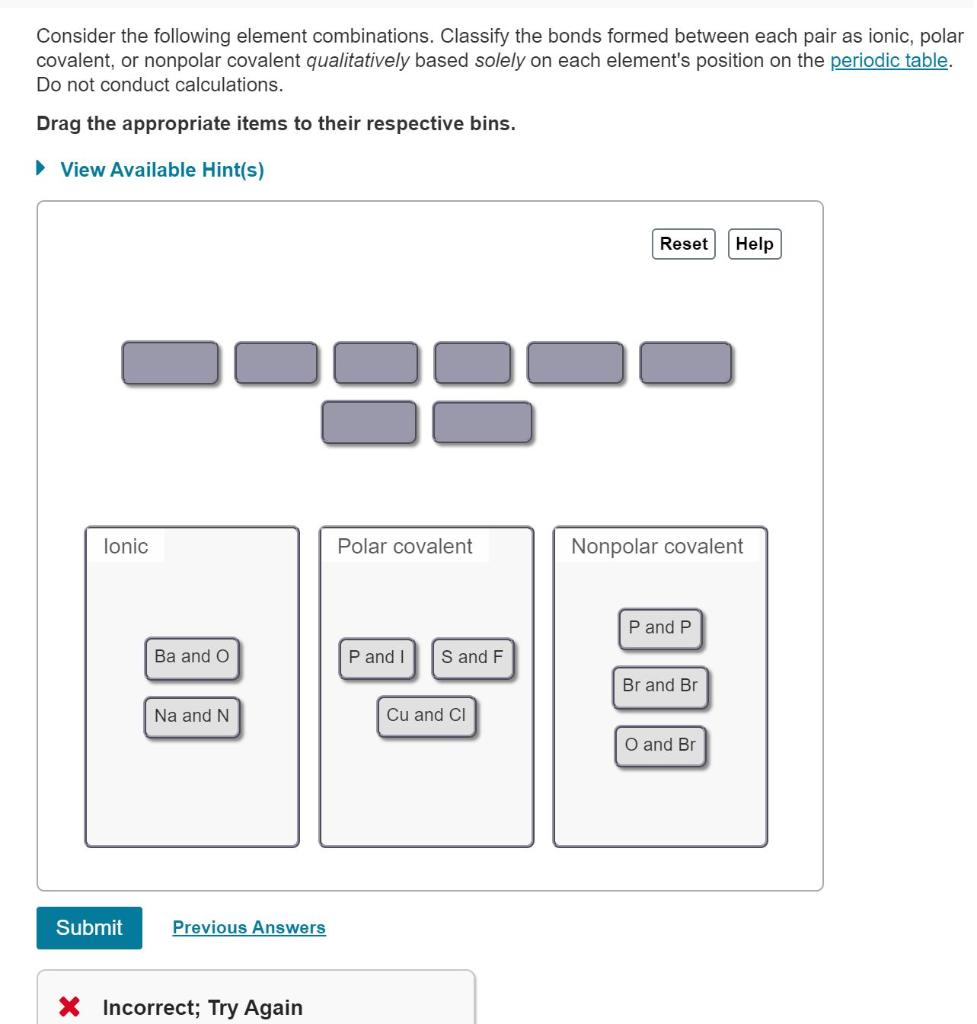 Solved Consider the following element combinations. Classify | Chegg.com