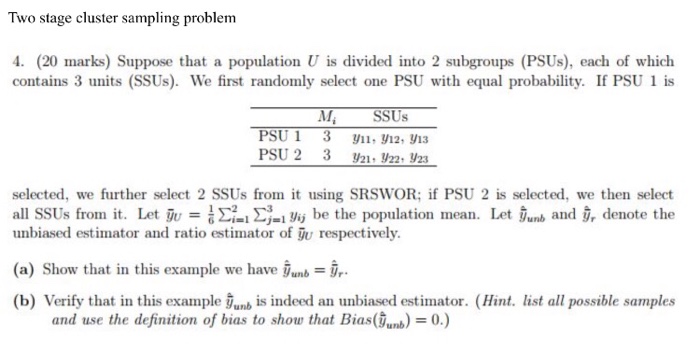 Solved Two Stage Cluster Sampling Problem 4 20 Marks