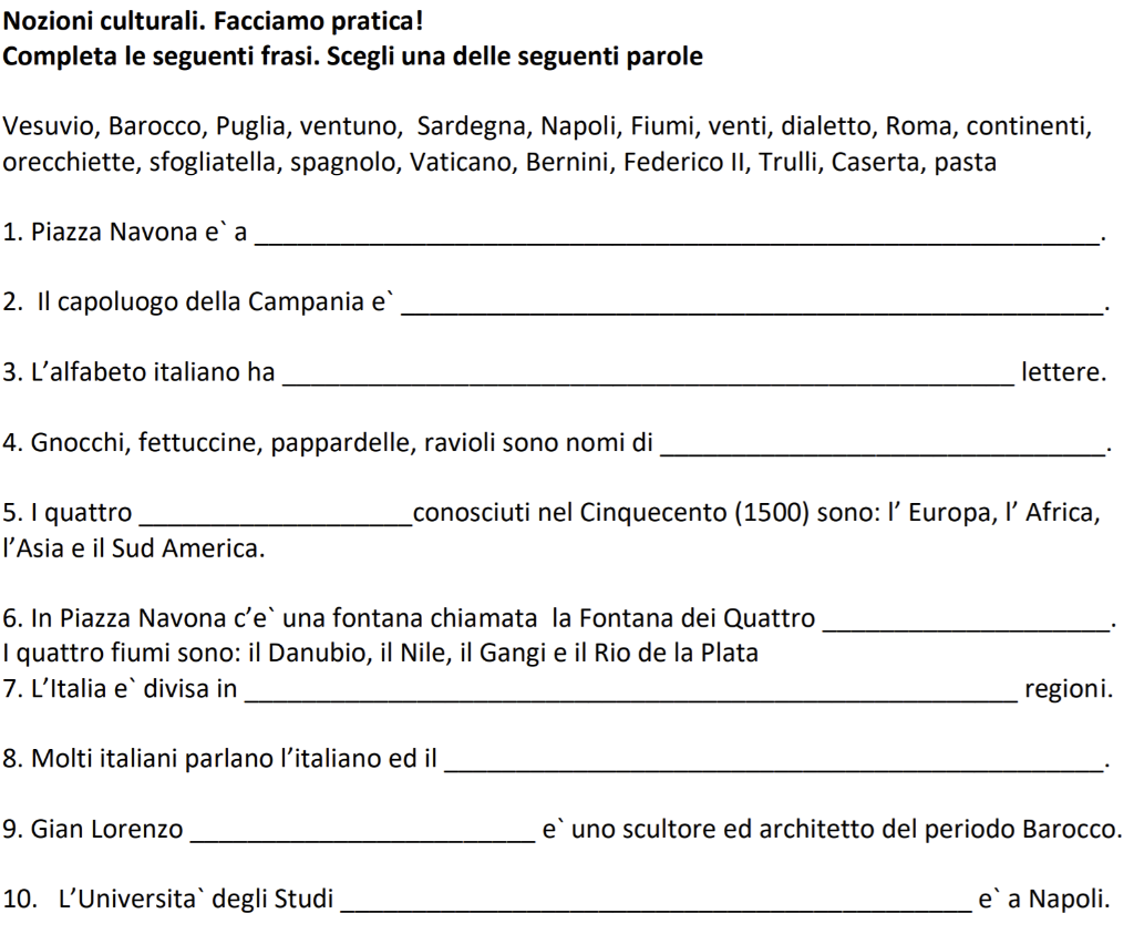 Nozioni culturali. Facciamo pratica! Completa le | Chegg.com