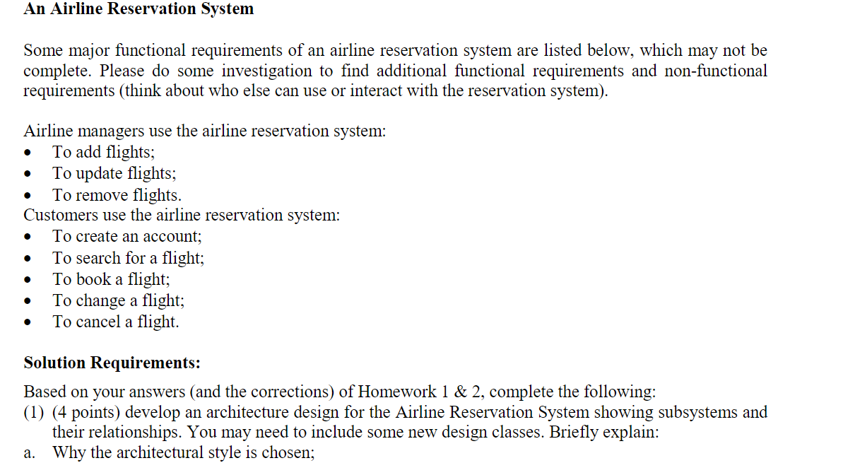 Solved An Airline Reservation System Some major functional | Chegg.com