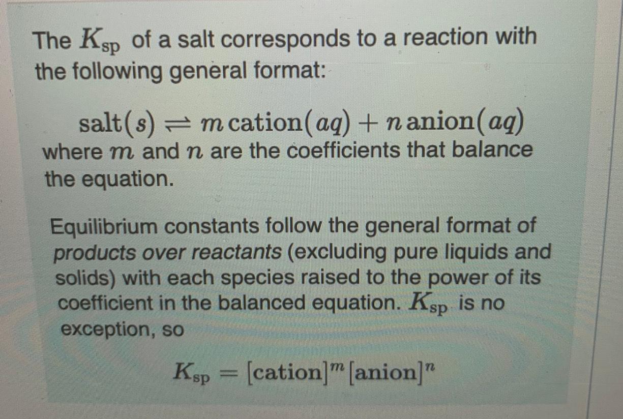 Solved The Ksp of a salt corresponds to a reaction with the | Chegg.com