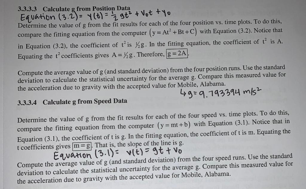 Solved 3.3.3.3 Calculate g from Position Data Equation | Chegg.com