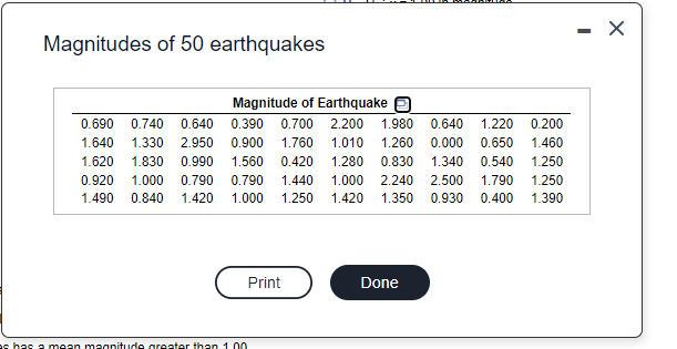 Solved Х Magnitudes of 50 earthquakes 0.690 1.640 1.620 | Chegg.com