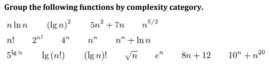 Solved Group the following functions by complexity category. | Chegg.com