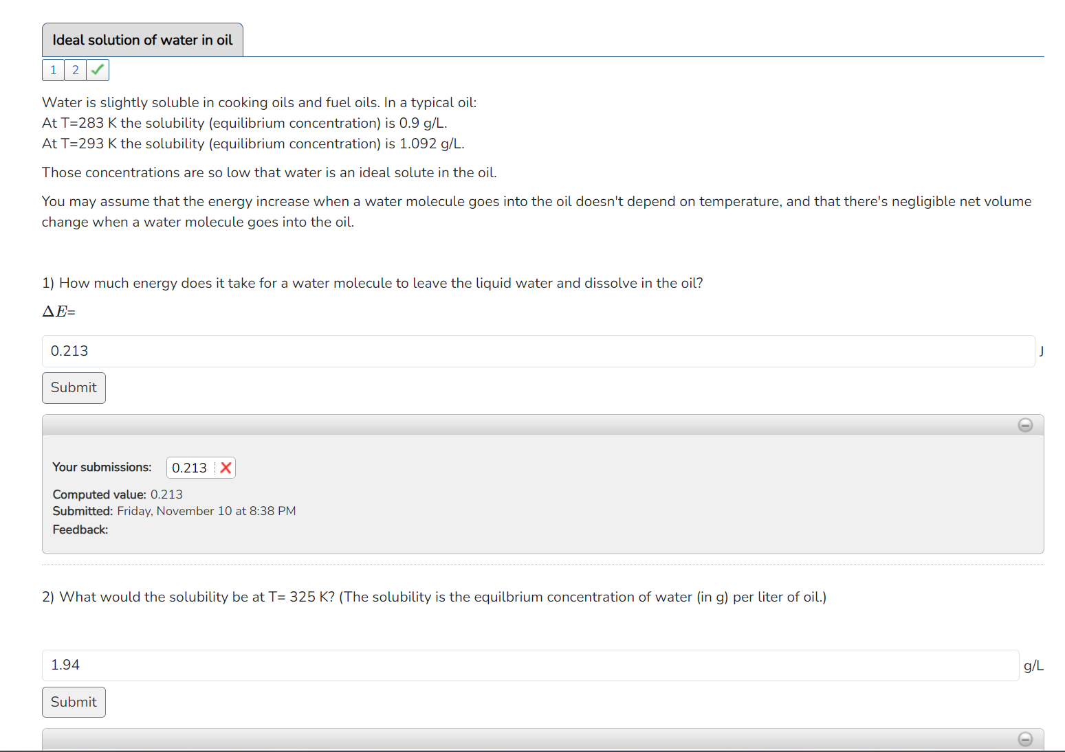 Solved Ideal solution of water in oil12Water is slightly | Chegg.com